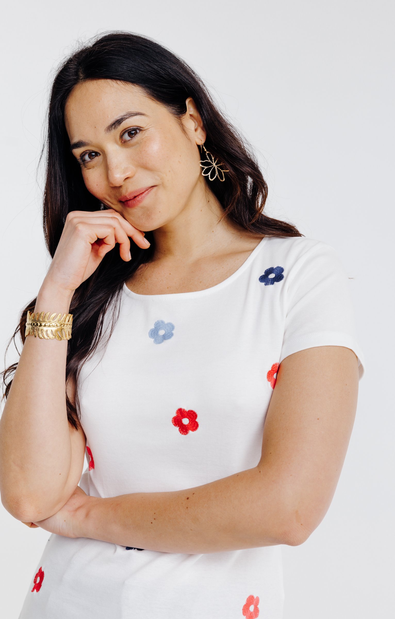 Tee-shirt brodé fleurs manches courtes - coloris BLANC - Armand Thiery